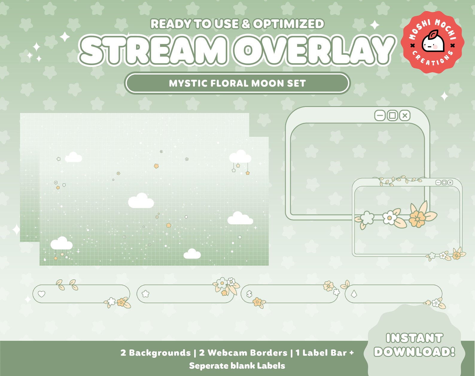 Sage Mystic Stream Overlay Set for Twitch / Pastel Floral Kawaii ...