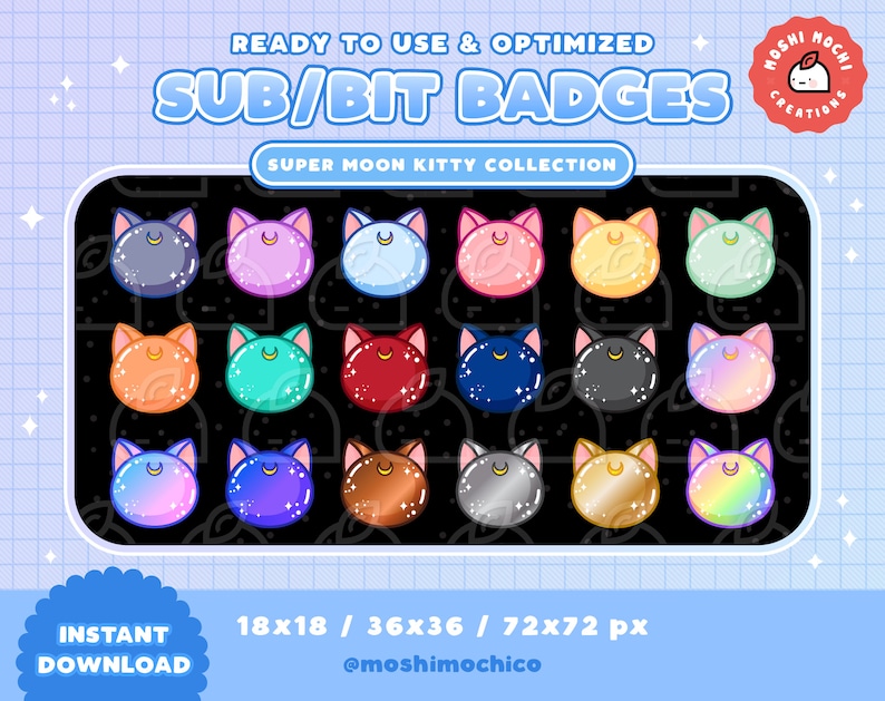 18x Twitch Sub Badges / Bit Badges / Emote - Super Cute Glossy Moon ...
