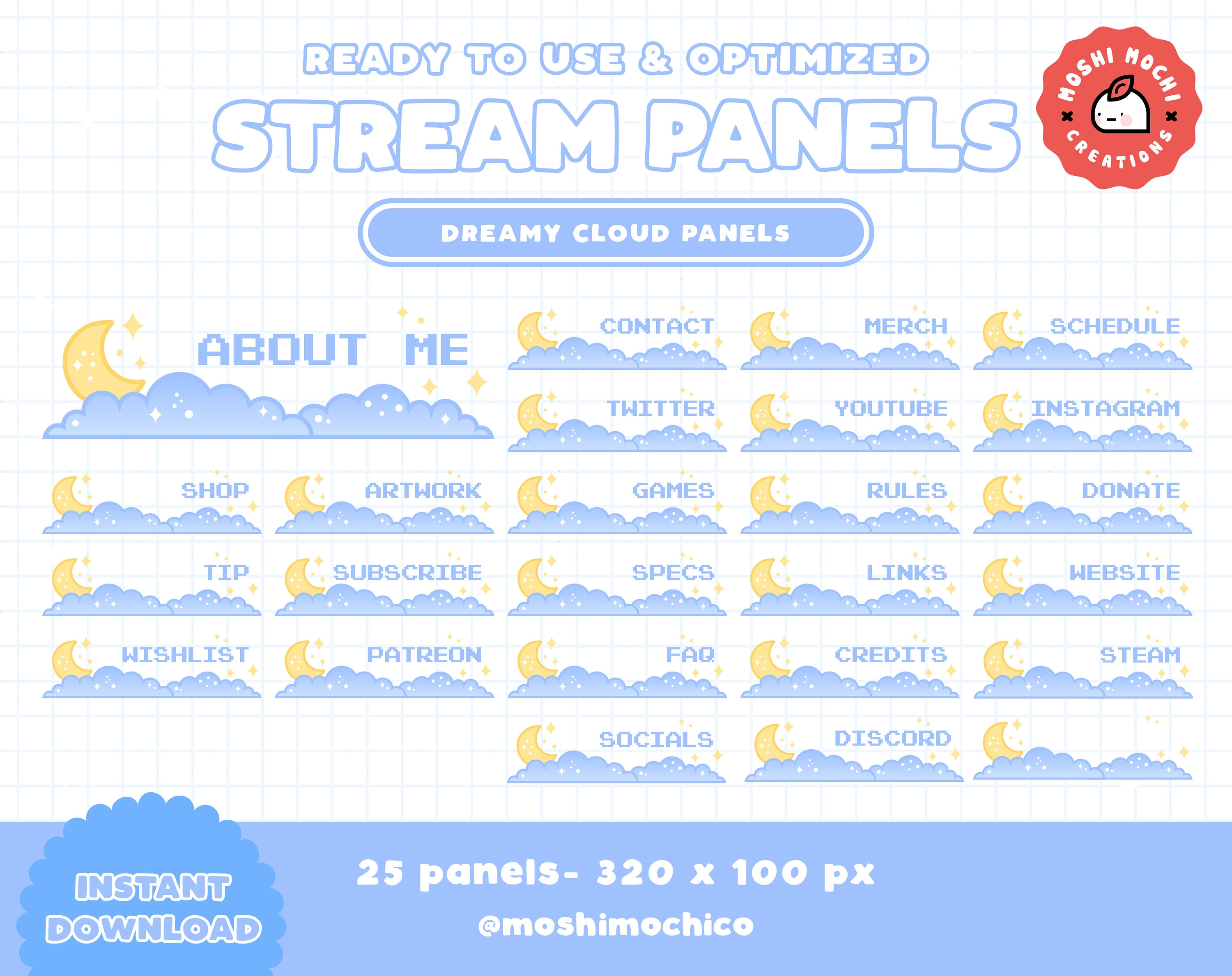 25x Twitch Cute Dreamy Blue Cloud and Moon Panels / Badges / | Etsy