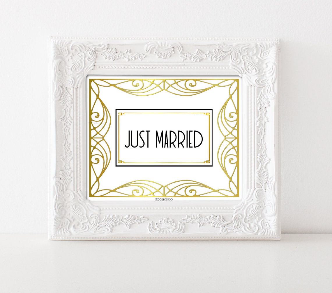 Just Married Printable Gold Art Deco Style Frame on Black With | Etsy