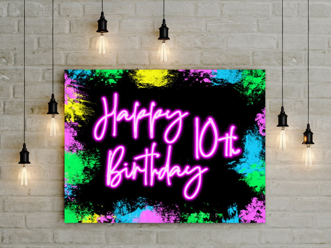 Printable Neon Glow Girls Party Decor Happy 10th Birthday - Etsy