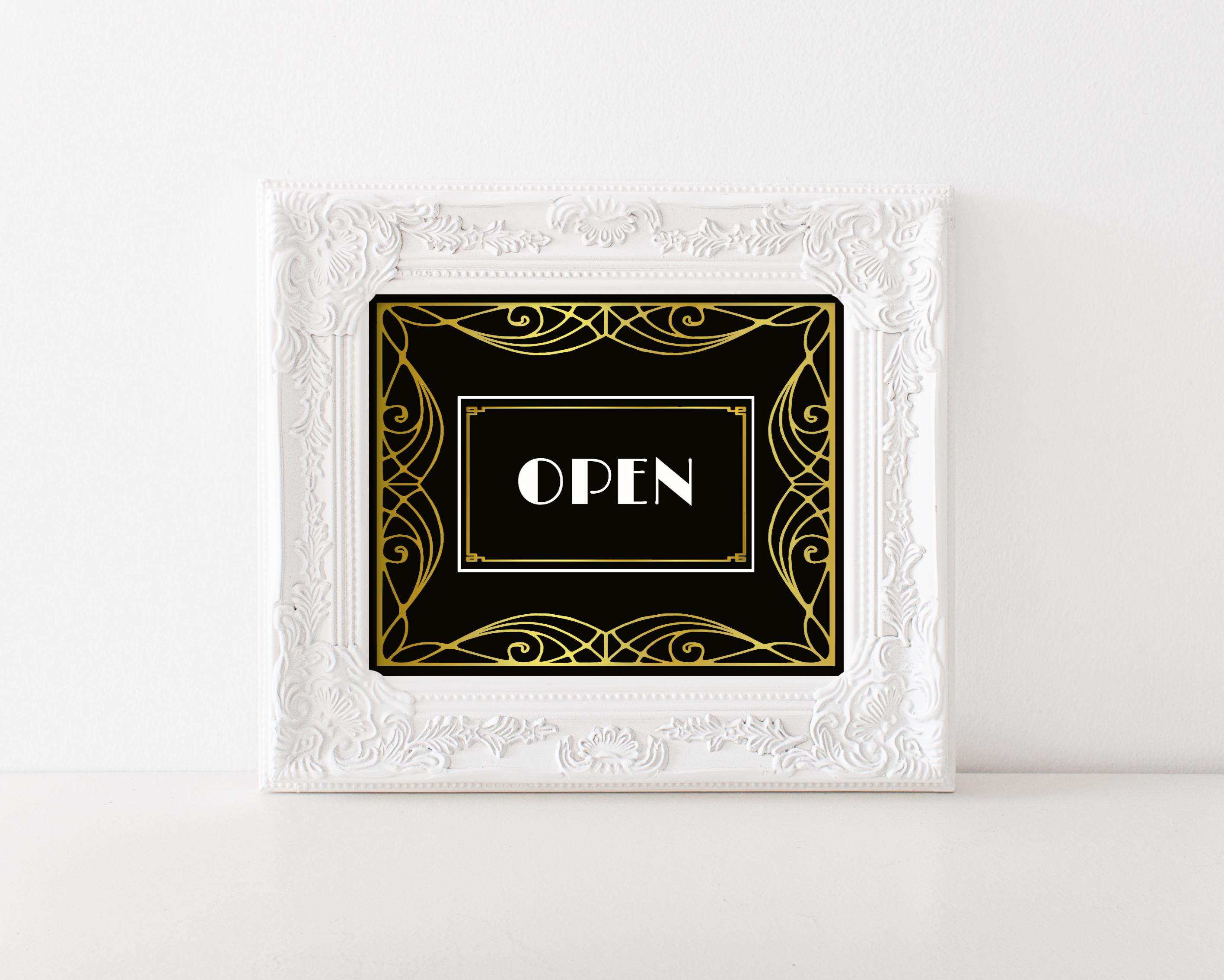 Printable Open Sign: Gold on Black Art Deco Design for Restaurant Door ...