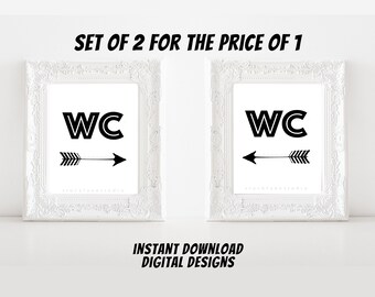 WC Printable Black White Restroom Door Sign With Left Facing - Etsy