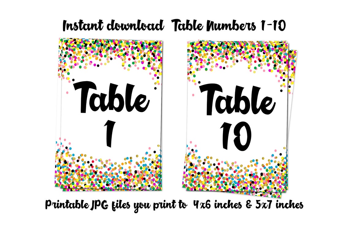 Printable Table Number Signs 1-10 Fun Confetti Birthday Party - Etsy