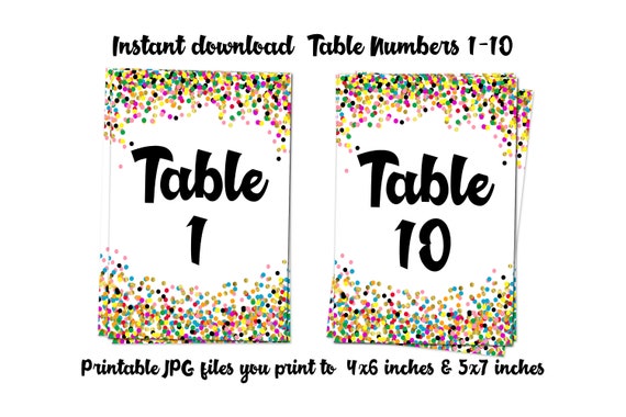Printable Table Number Signs 1-10 Fun Confetti Birthday Party | Etsy