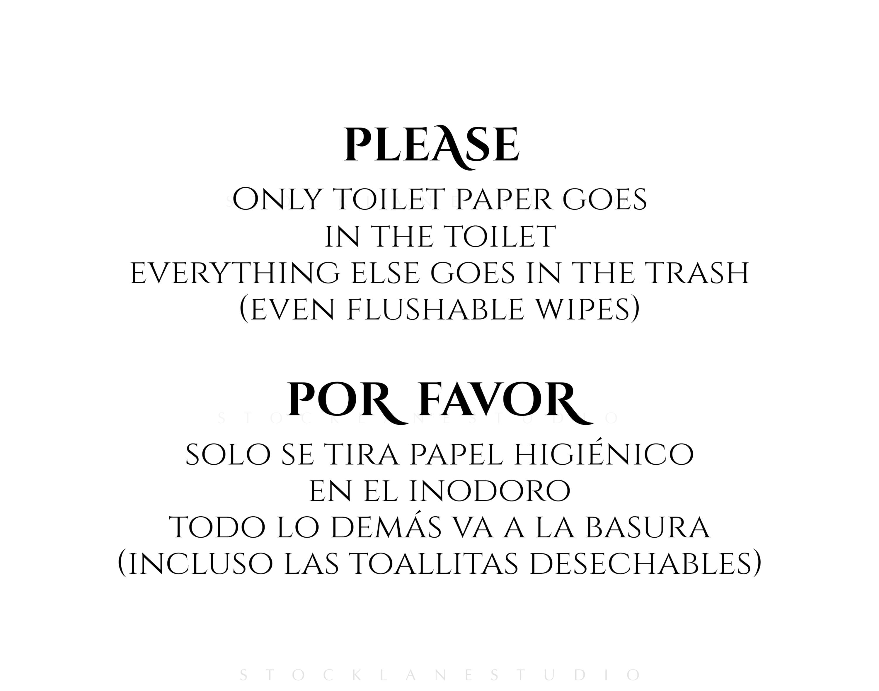 Printable Restroom Sign: English/spanish Toilet Paper Only, Landscape ...
