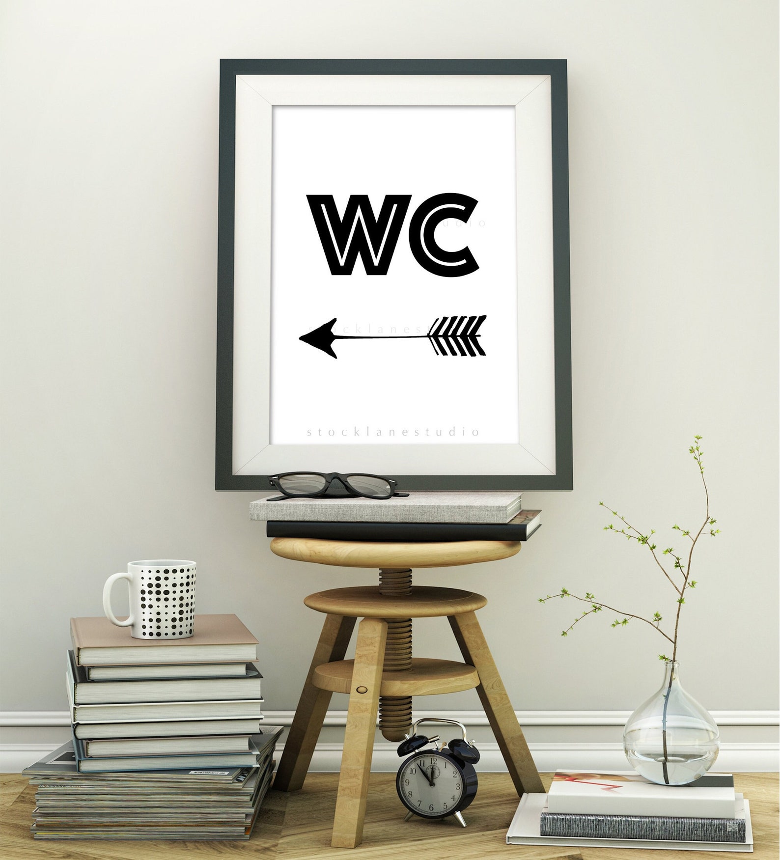 WC Printable Black White Restroom Door Sign With Left Facing | Etsy