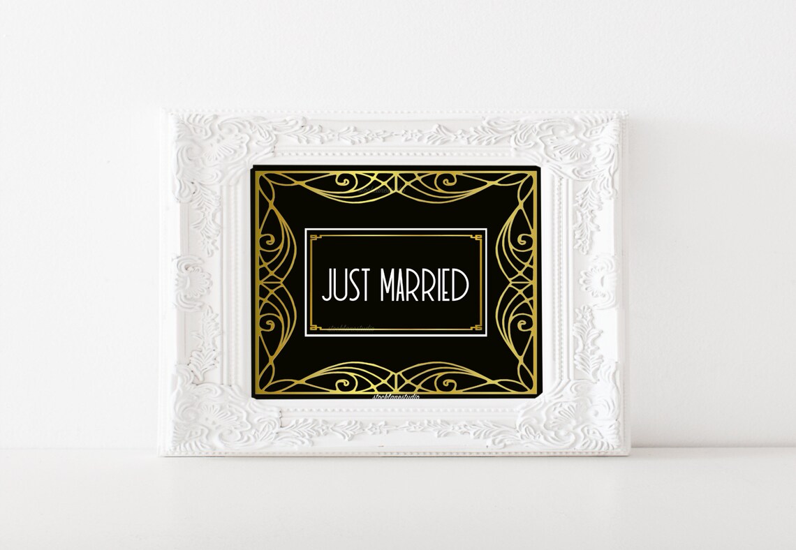 Just Married Printable Gold Art Deco Style Frame on Black With | Etsy