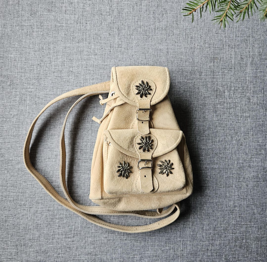 Vintage Suede Leather Mini Backpack – Edelweiss Flower Detail | Alpine ...