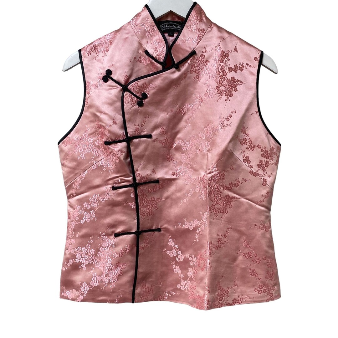 Chinese Top 100% Silk Medium Pink Black Sleeveless Mandarin Collar ...