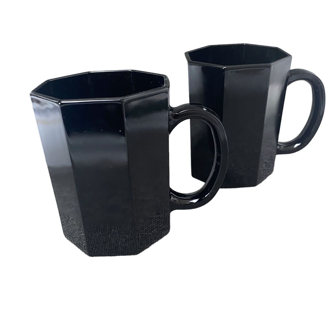 ARCOROC Mugs Set of 2 Black Glass Made in France Modern Octagonal - Etsy