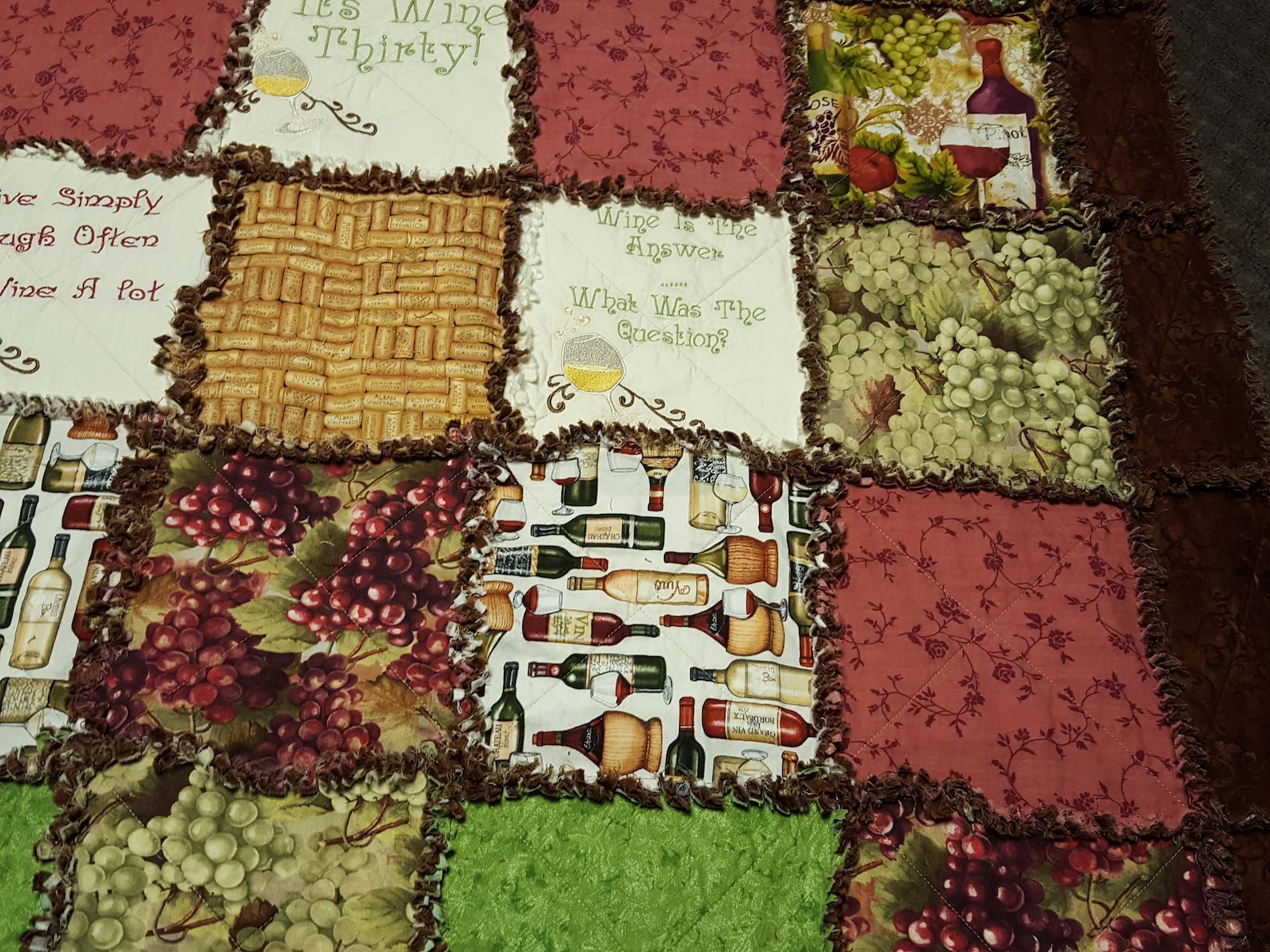 Whimsical Wine Rag Quilt With Embroidered Sayings Ready to Ship Grapes ...