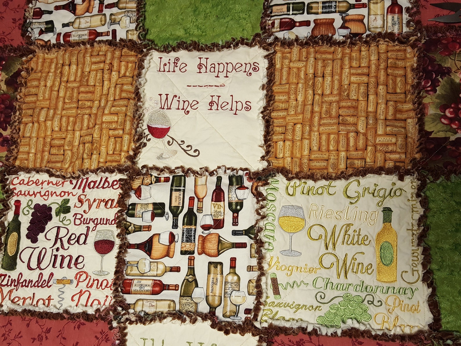 Whimsical Wine Rag Quilt With Embroidered Sayings Ready to Ship Grapes ...