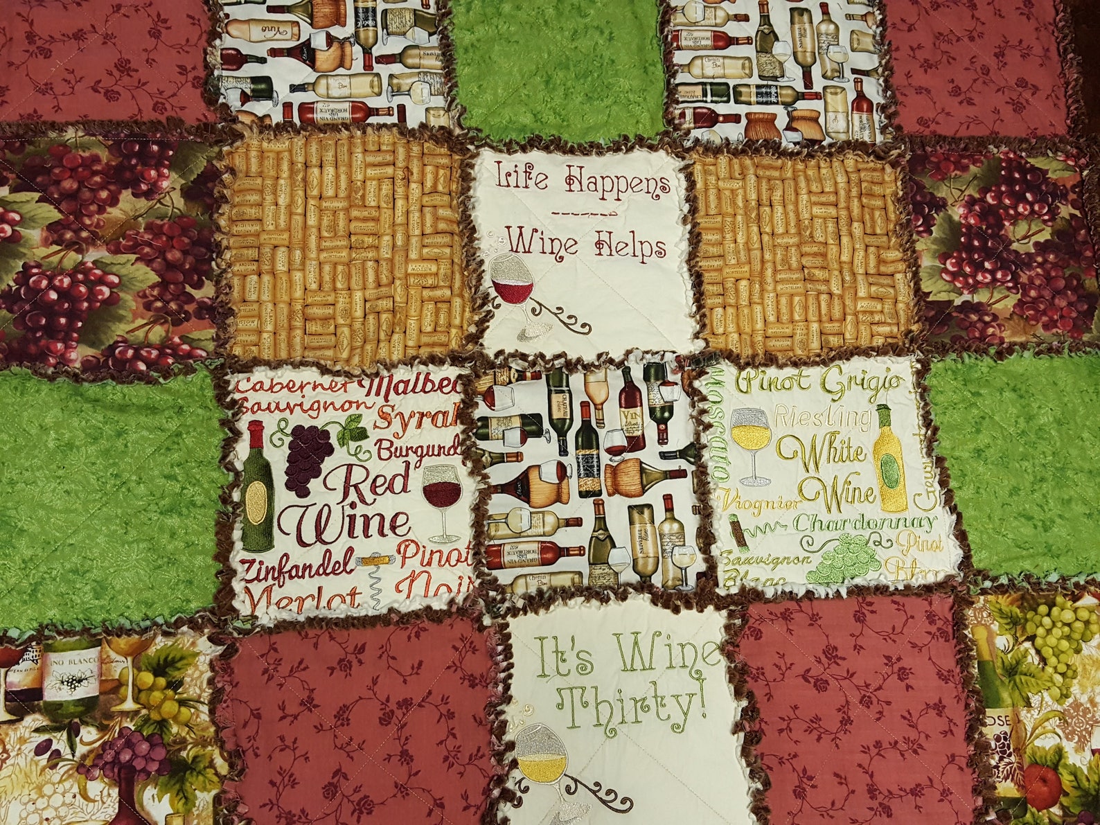 Whimsical Wine Rag Quilt With Embroidered Sayings Ready to Ship Grapes ...