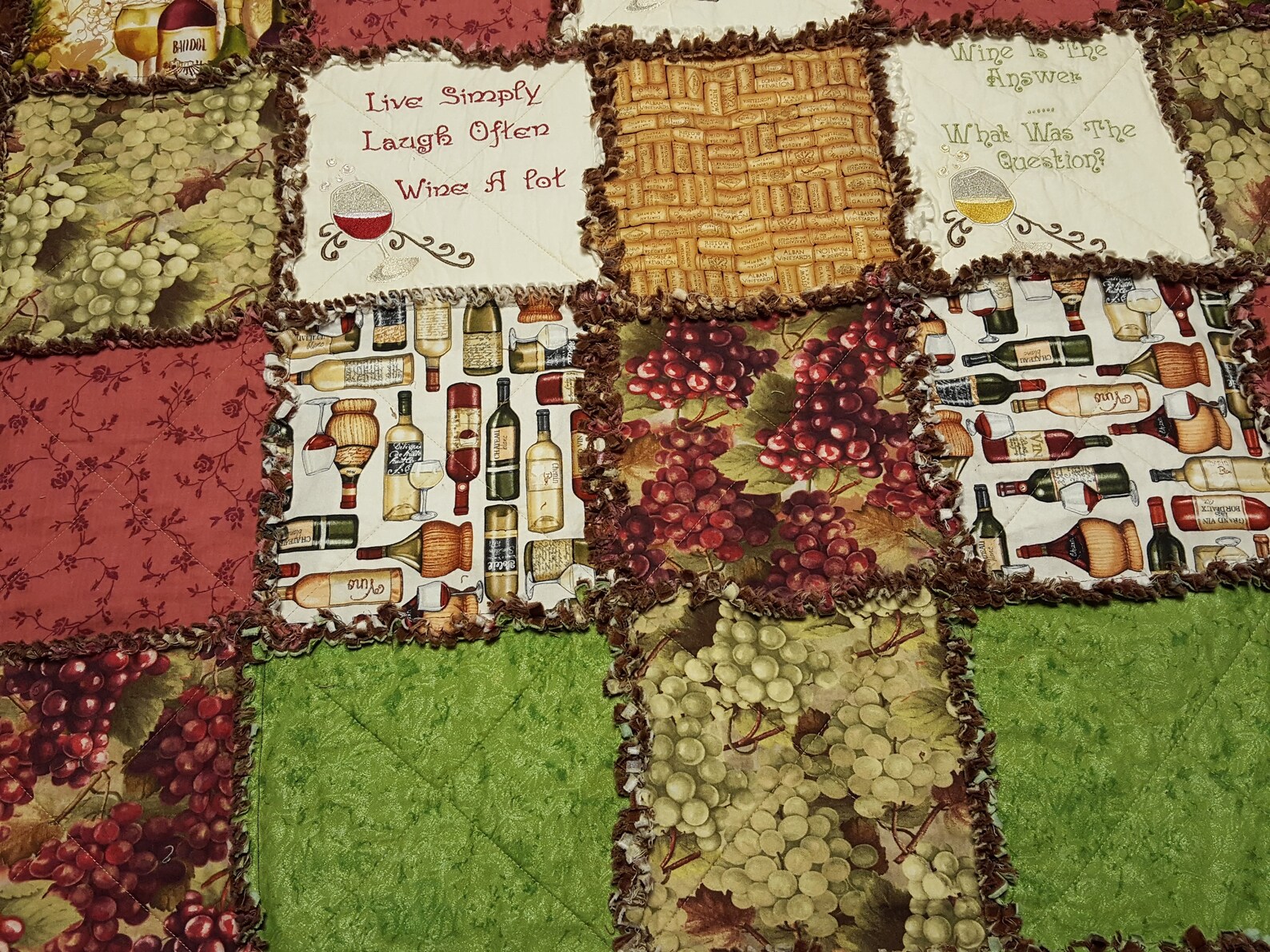 Whimsical Wine Rag Quilt With Embroidered Sayings Ready to Ship Grapes ...