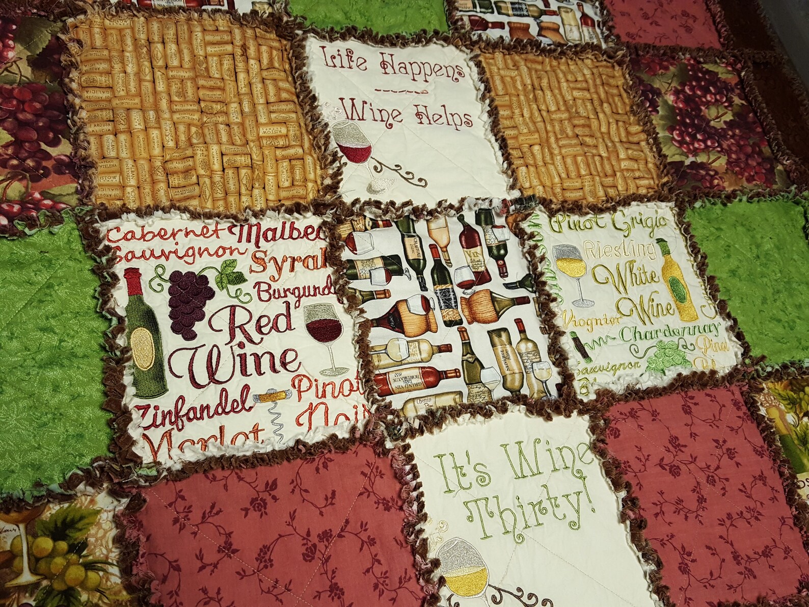 Whimsical Wine Rag Quilt With Embroidered Sayings Ready to Ship Grapes ...