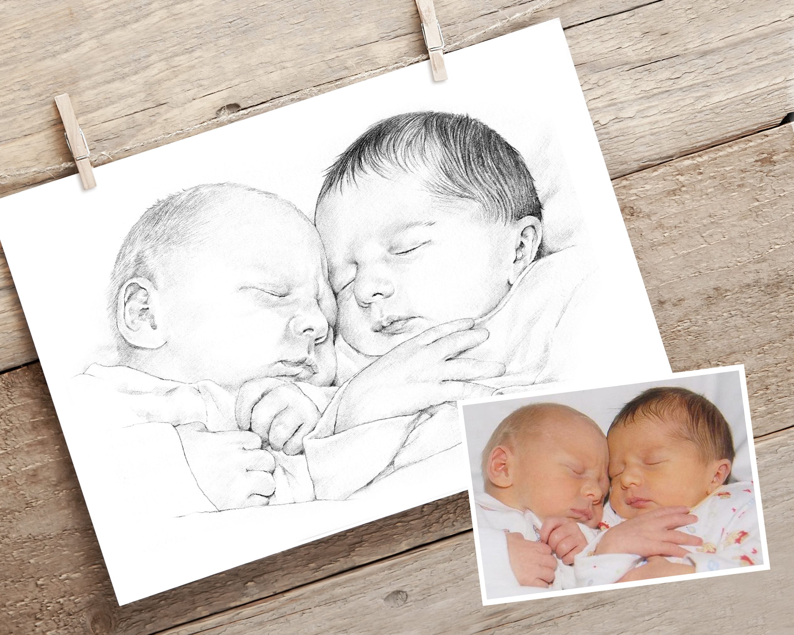 Twin Newborn Baby Pencil Drawings