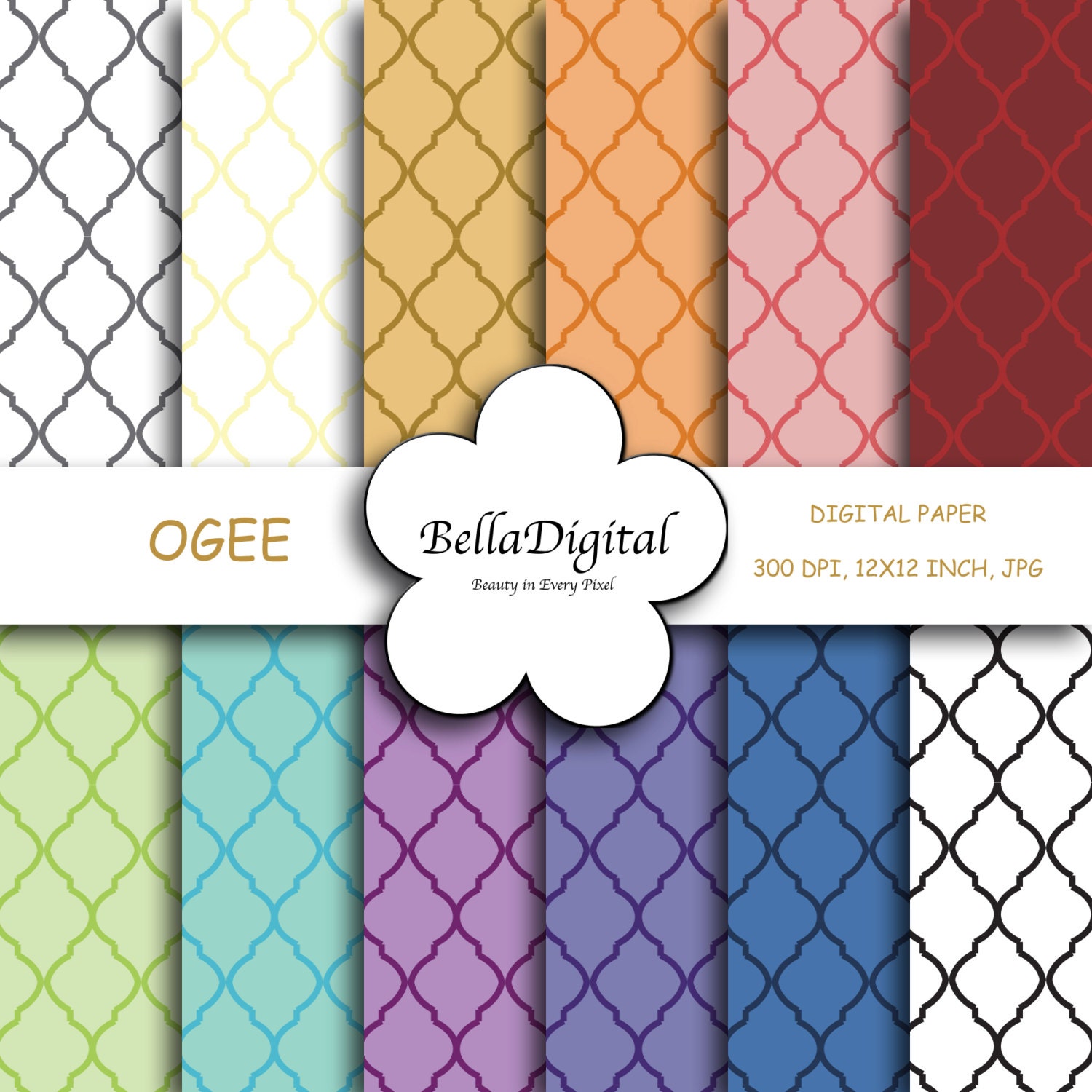 Digital Paper Ogee Hourglass Multi Color Paper Pack. Digital Scrapbook ...