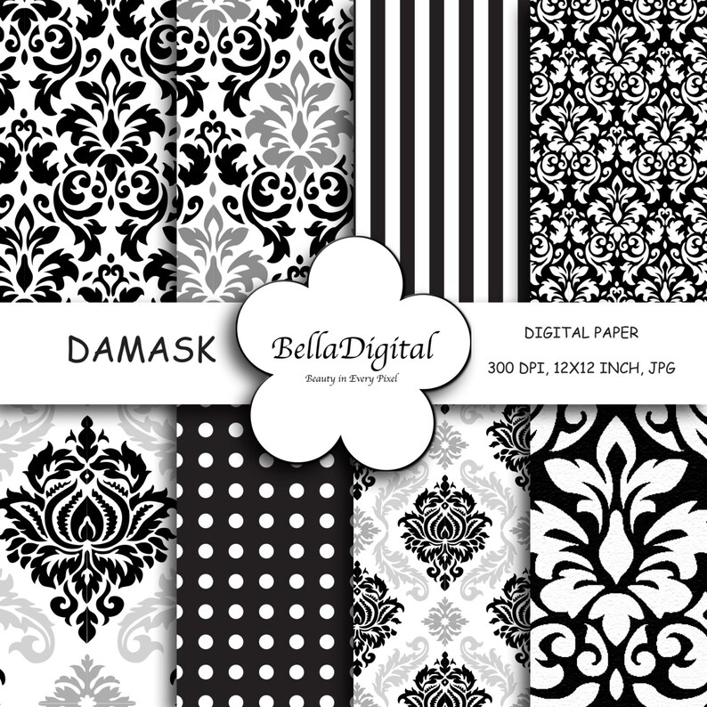 Digital Paper Black & White Jacquard Damask Frame Patterns. Digital ...