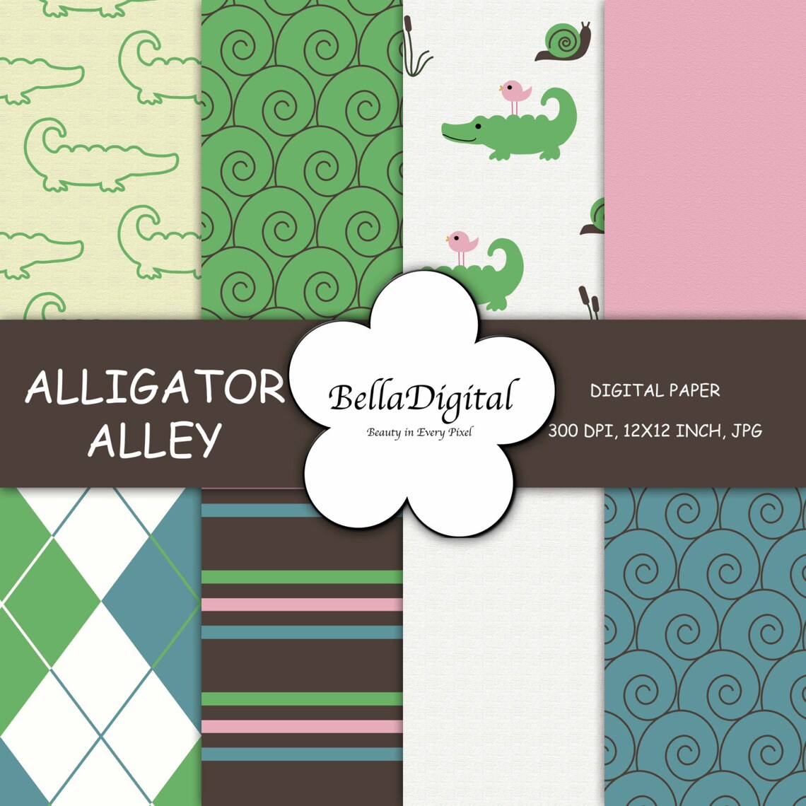 Digital Paper Alligator Patterns, Argyle, Stripe and Textures. Digital ...