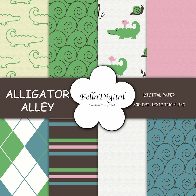 Digital Paper Alligator Patterns, Argyle, Stripe and Textures. Digital Scrapbook Background ...