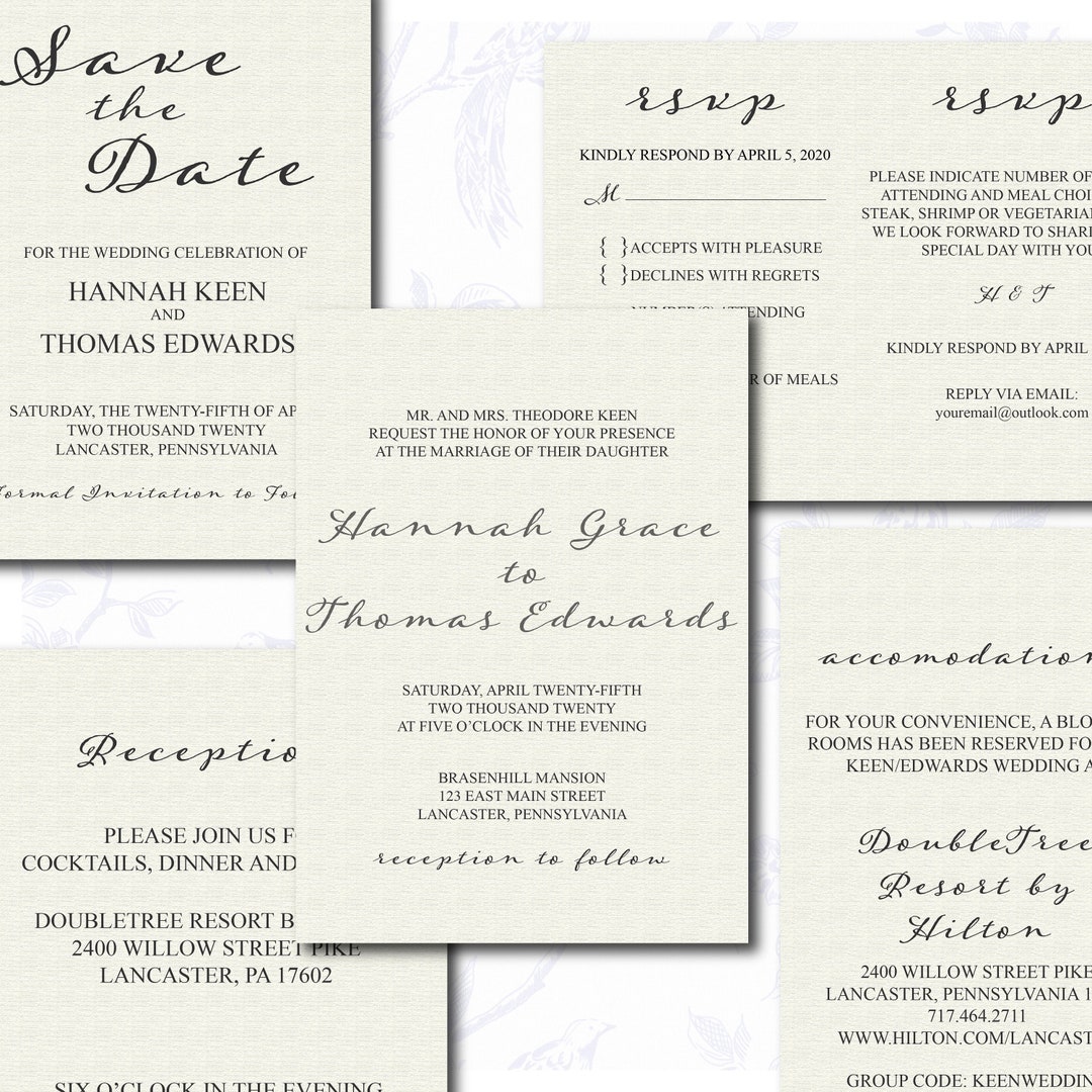 Classic Linen Elegant Calligraphy Toile Wedding Invitation Template Set ...