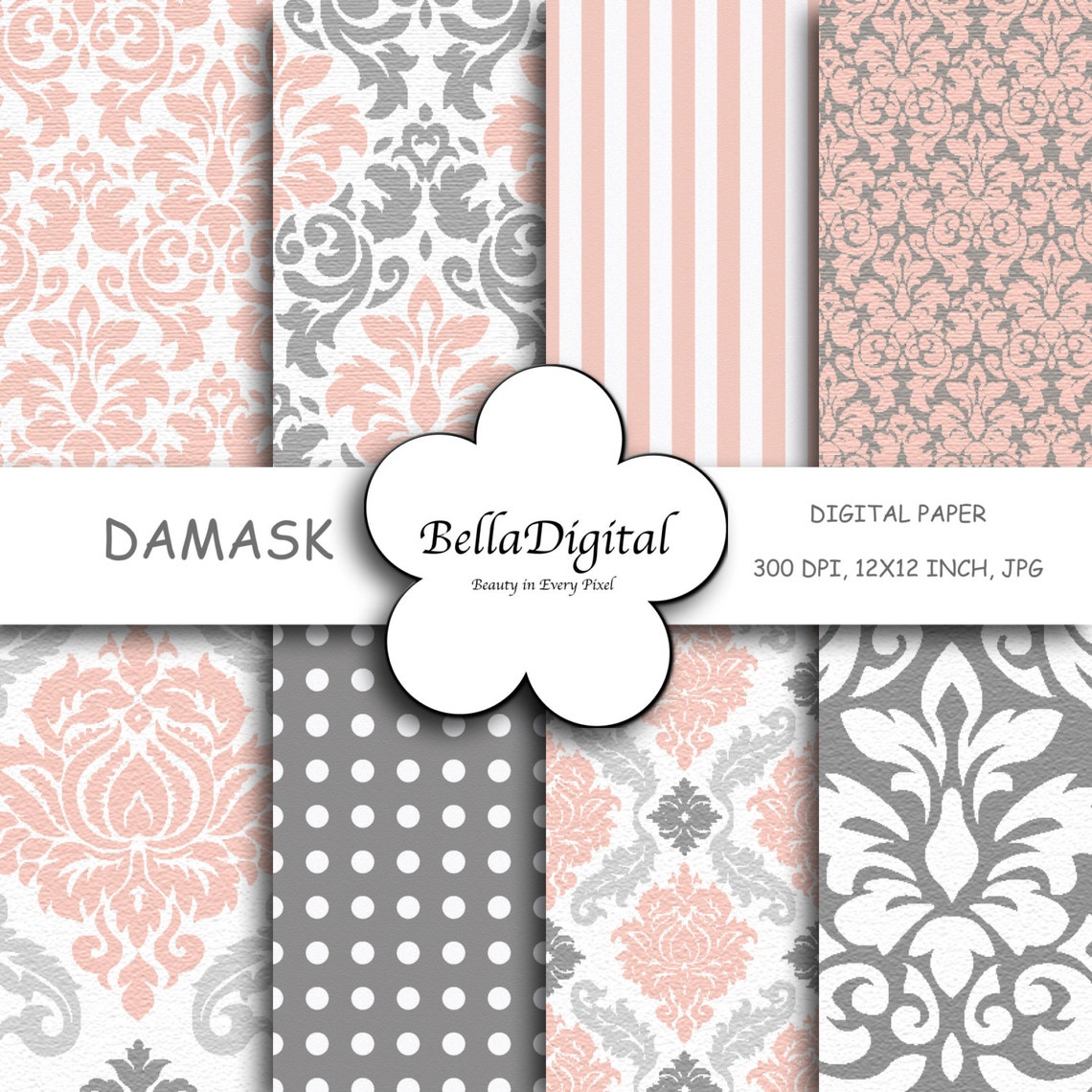 Digital Paper Jacquard Damask Frame Patterns Texture. Digital Scrapbook ...