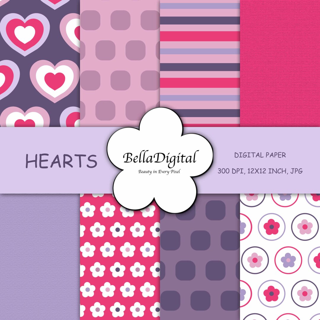 Digital Paper Heart Patterns, Flowers, Stripe, Dots and Textures ...