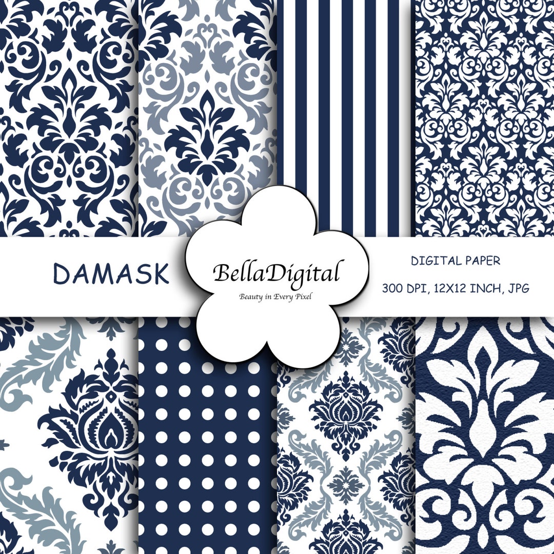 Digital Paper Navy Blue White Jacquard Damask Frame Patterns Texture ...