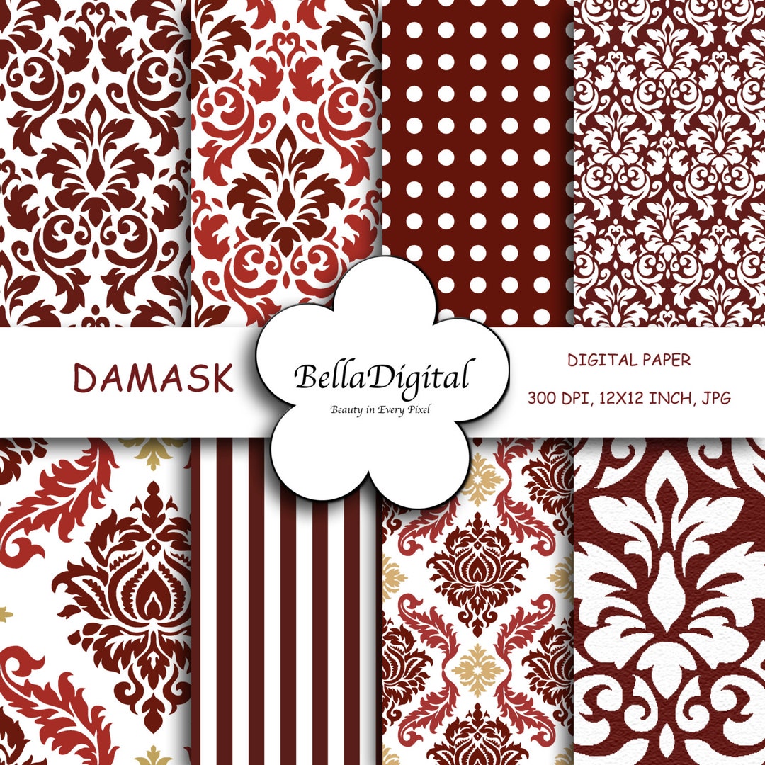 Digital Paper Red Wine Gold White Jacquard Damask Frame Patterns ...