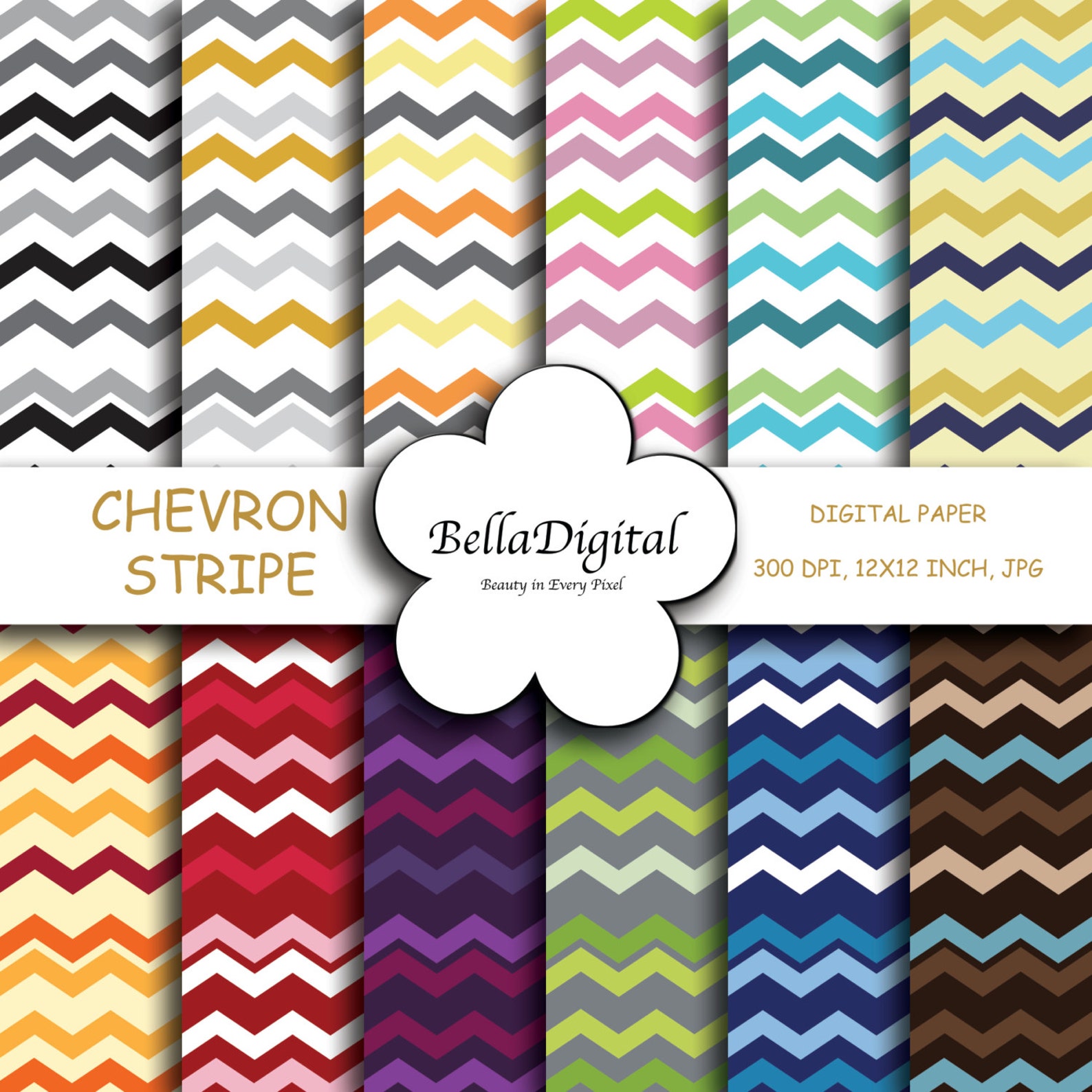 Digital Paper Chevron Stripe Zig-zag Multi Color Paper Pack. Digital ...