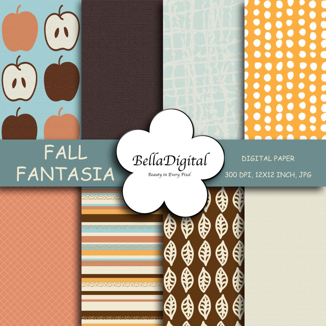 Digital Paper Fall Patterns Apples,stripe,leaves, Dots,crosshatch ...