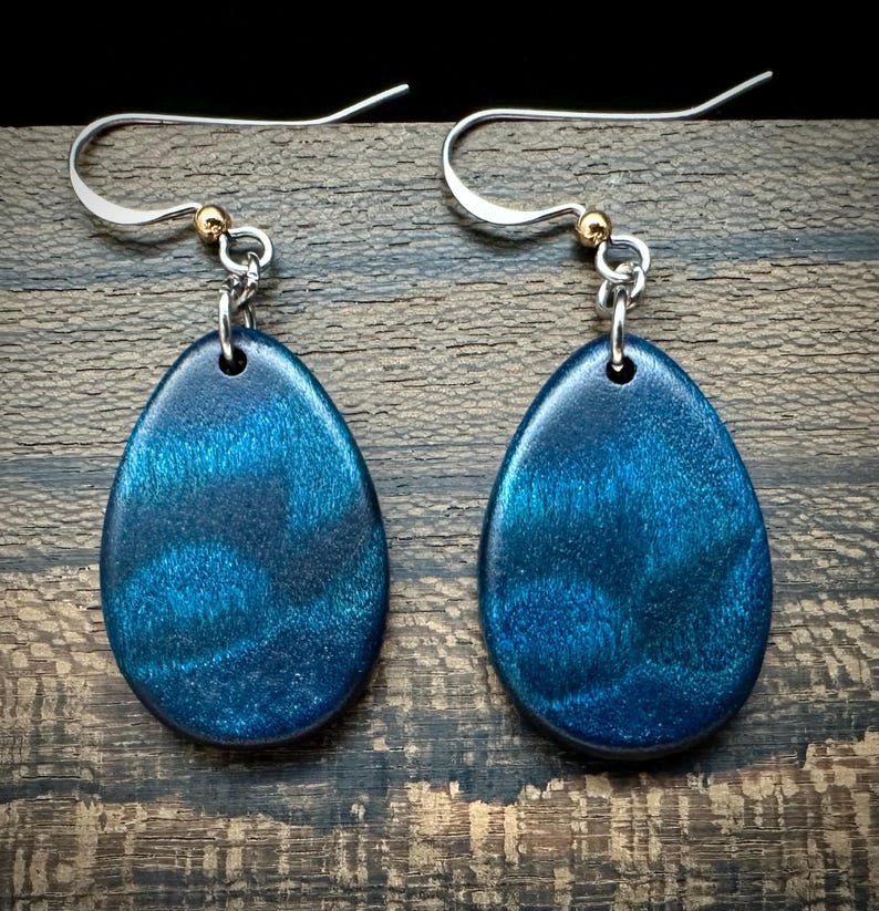 Mini Deep Blue Sea Quilted Maple Guitar Wood Earrings, Tear Drop ...
