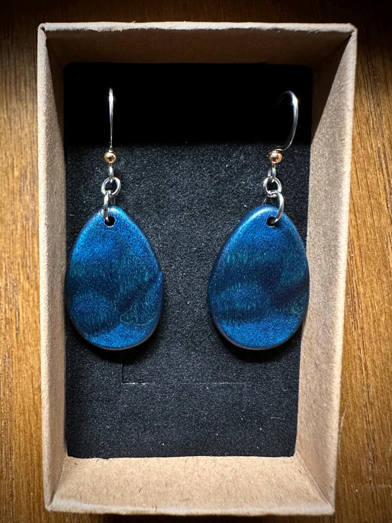 Mini Deep Blue Sea Quilted Maple Guitar Wood Earrings, Tear Drop ...