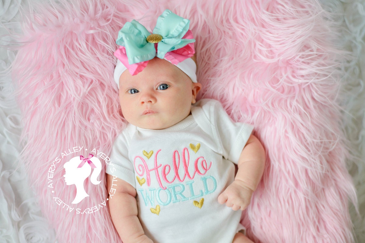 Hello World Girls Embroidered Shirt & Matching hair bow set | Etsy