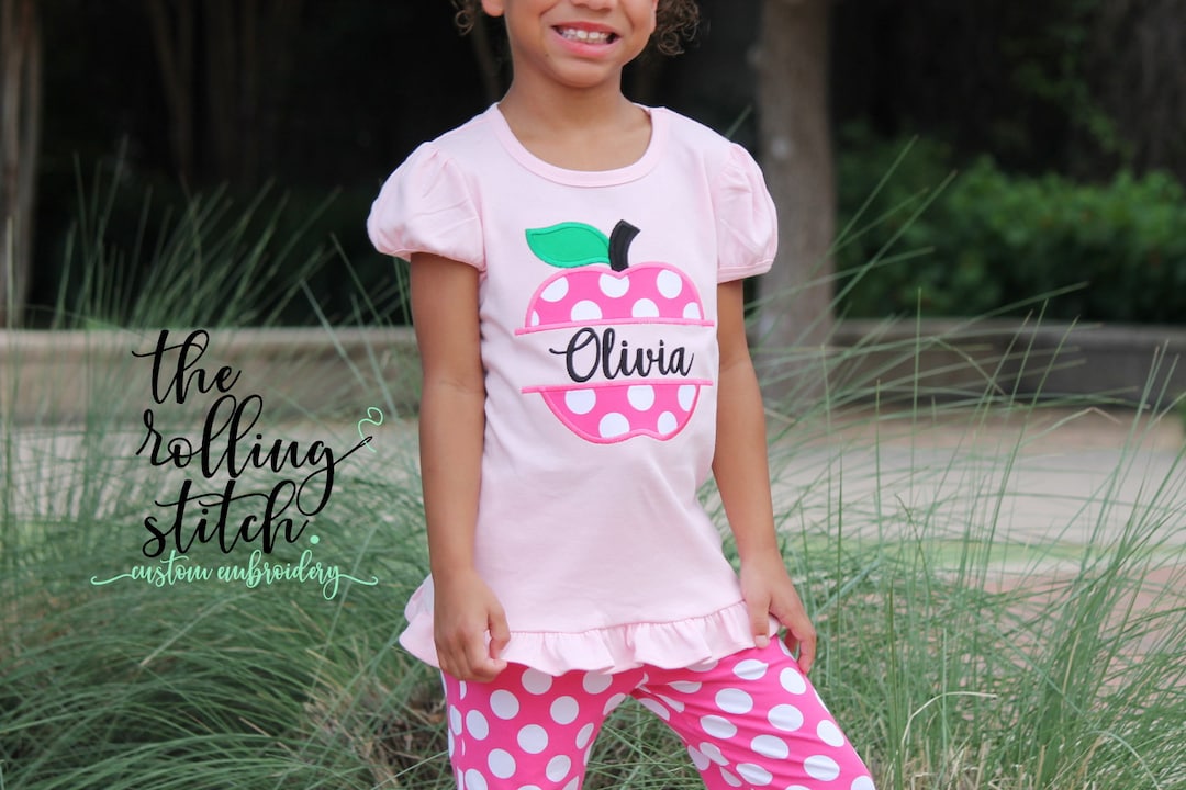 Personalized Girls Pink Polka Dot Apple Back to School Outfit- Girls ...