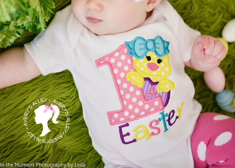 1st Easter - Girls Polka Dot Chick Applique First Easter Shirt, Hair ...