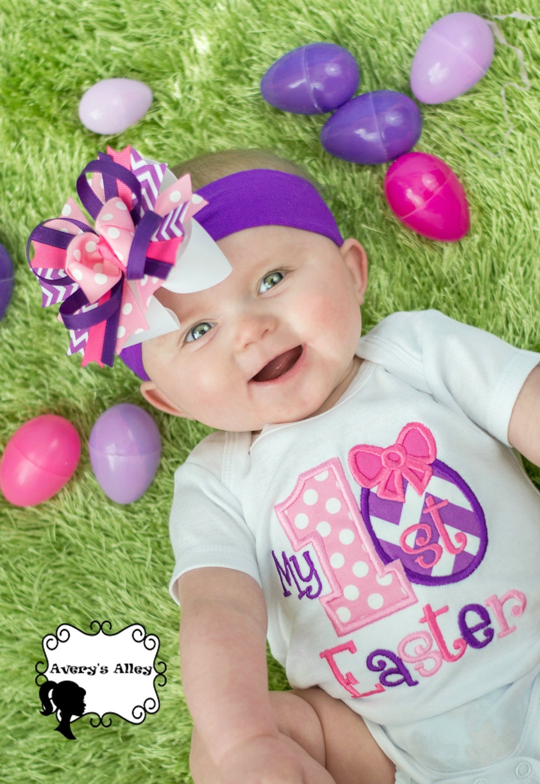 My 1st Easter - Girls Chevron Embroidered First Easter Shirt, Hair Bow ...