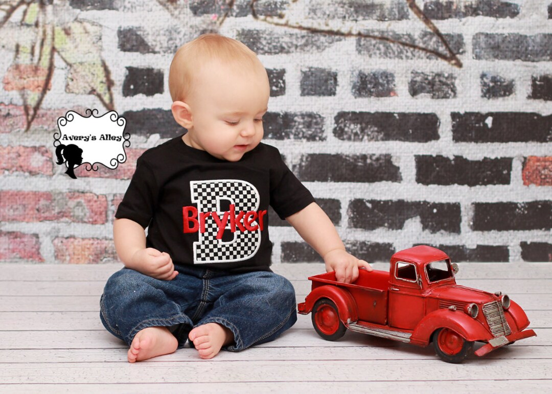 Red & Checkered Print Personalized Name - Boys Applique Black Shirt or ...