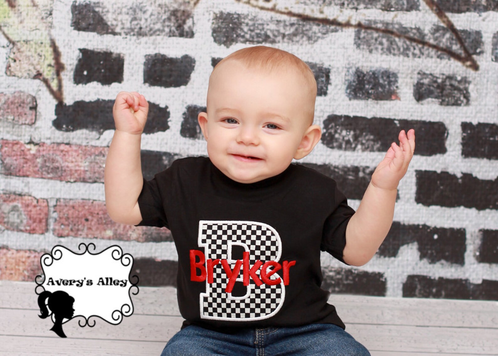 Red & Checkered Print Personalized Name - Boys Applique Black Shirt or ...