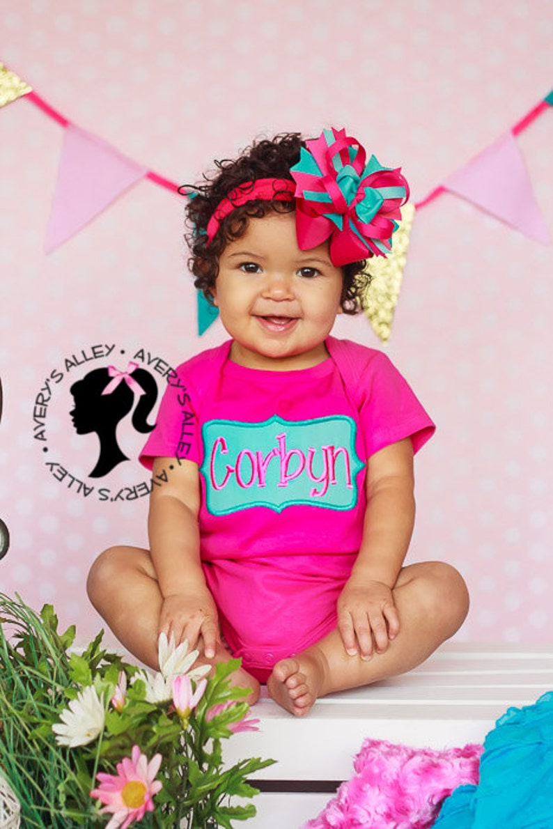 Aqua Frame with hot pink name Girls Applique Hot Pink Shirt | Etsy
