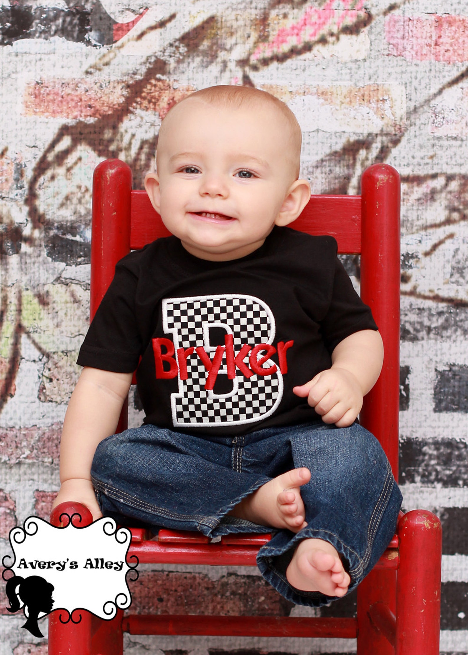 Red & Checkered Print Personalized Name - Boys Applique Black Shirt or ...