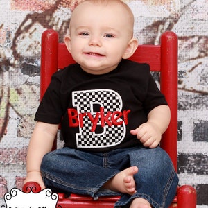 Red & Checkered Print Personalized Name - Boys Applique Black Shirt or ...