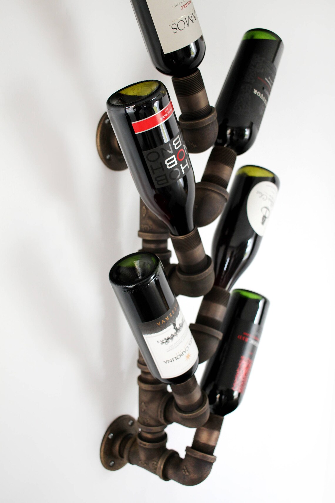 Wall Mounted Wine Rack Antique Brass Plated Black Iron Pipe. - Etsy