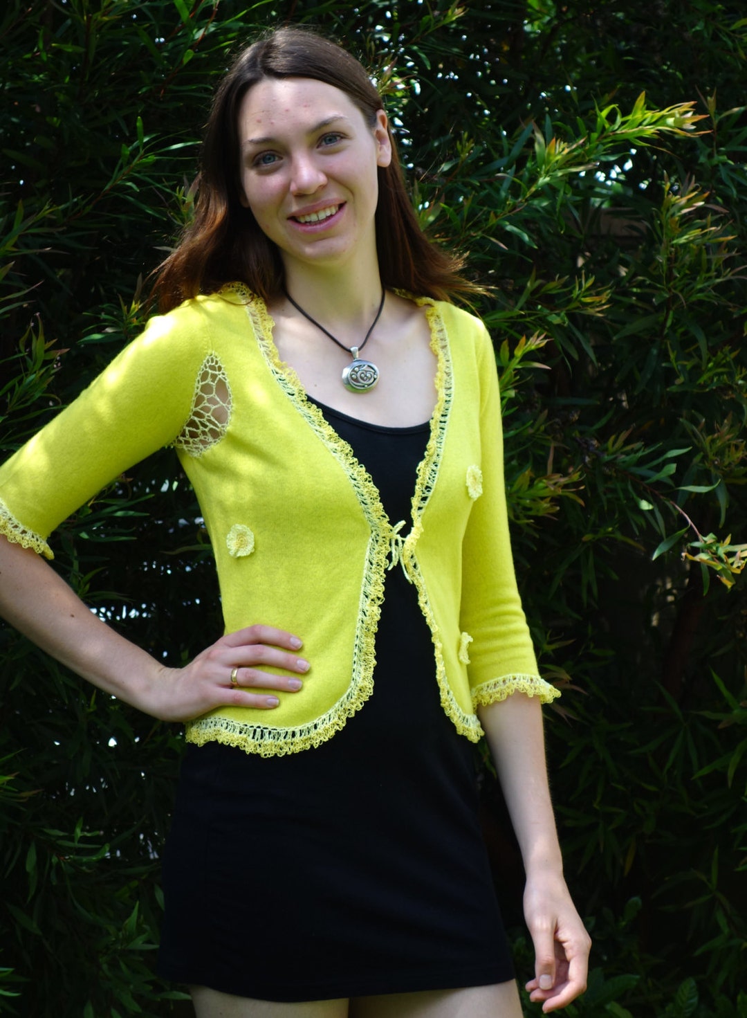 Upcycled Yellow Cashmere Cardigan With Crochet Panels, Flowers and Lace ...