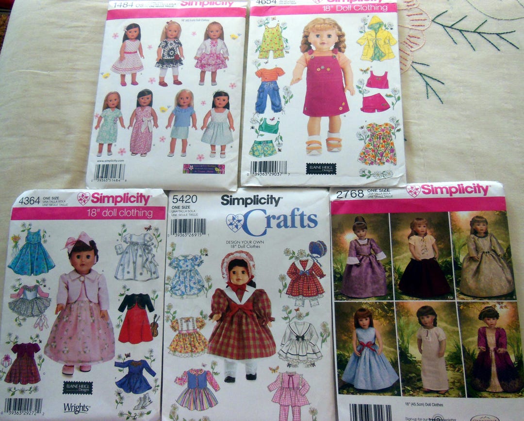 Lot of 5 Simplicity 18 Doll Clothes Sewing Patterns Fits American Girl ...