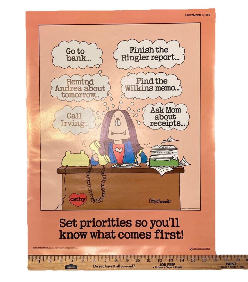 VTG CATHY Comic Strip set Priorities Office Motivational Poster ...