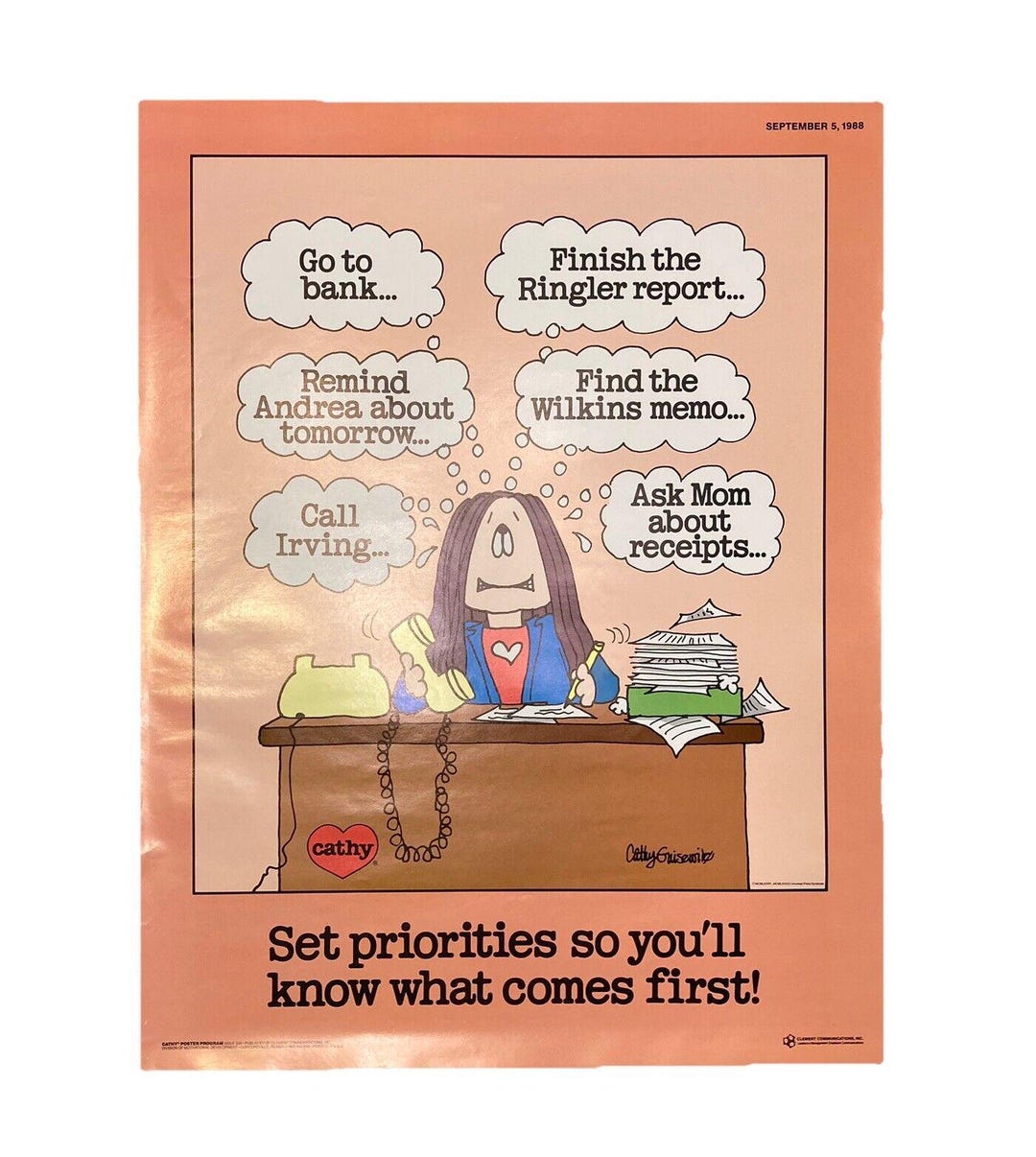 VTG CATHY Comic Strip set Priorities Office Motivational Poster ...