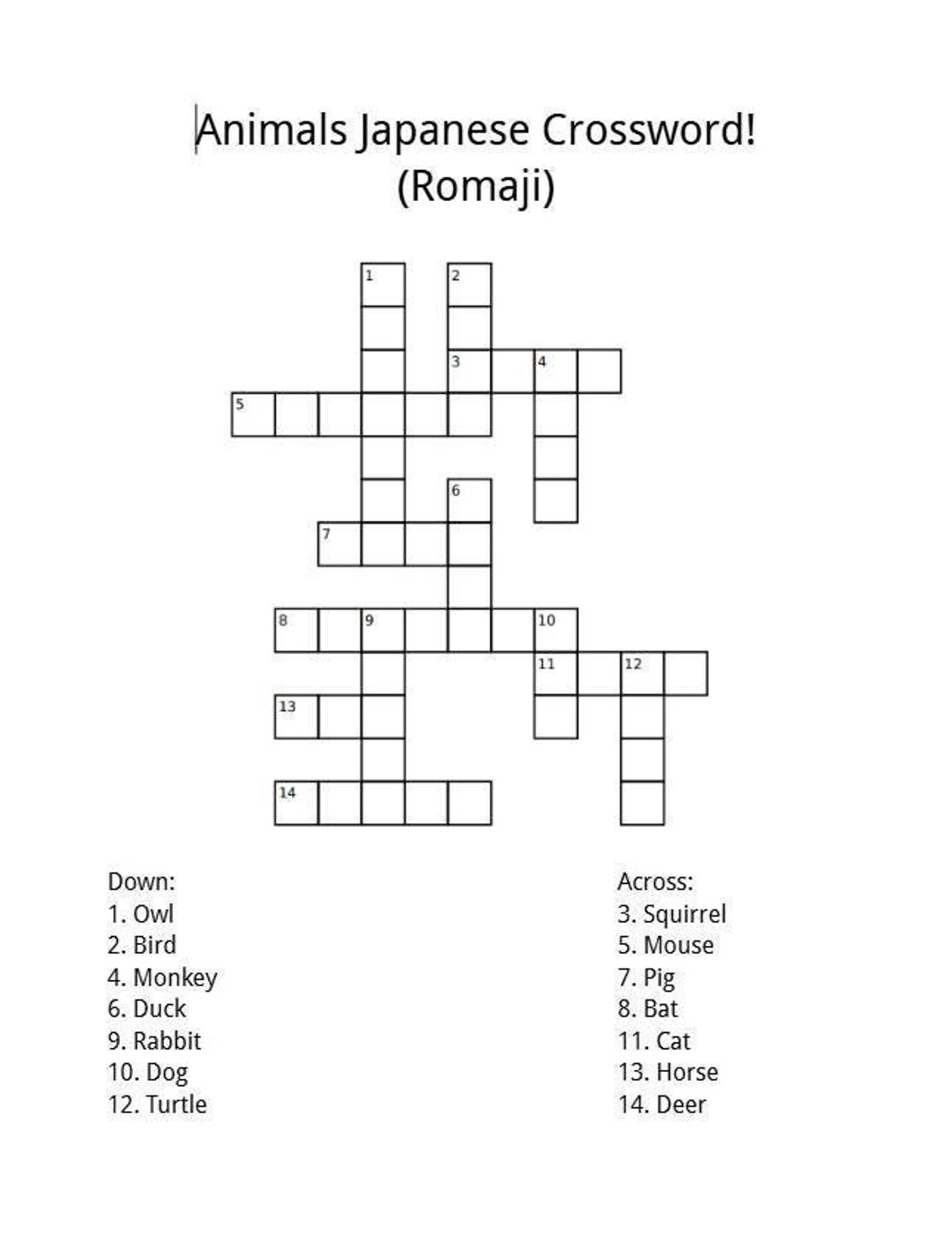 Japanese Animals Crossword ROMAJI ONLY - Etsy