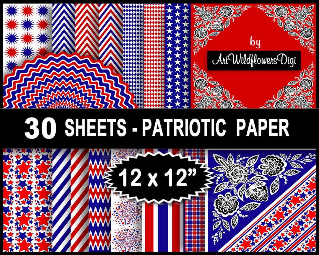 Patriotic Digital Paper Instant Download Paper 30 Sheets of Red, White ...